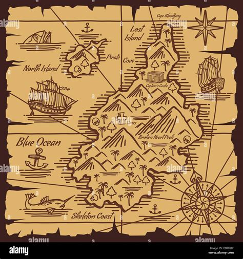 Pirate Treasure Map Old Scroll Vector Sketch Of Islands In Ocean