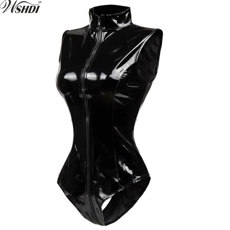 S XXL Black Latex Wet Look Bodycon Catsuit Sexy Faux Leather Bodysuit