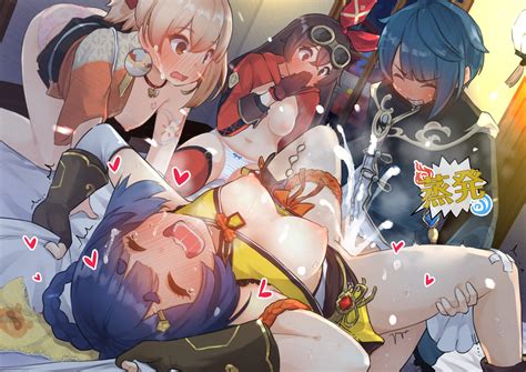 Yoimiya Amber Xingqiu Xiangling And Guoba Genshin Impact Drawn By Londondellyandburry