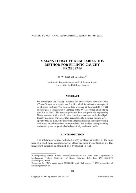 pdf a mann iterative regularization method for elliptic cauchy problems