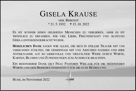 Traueranzeigen Von Gisela Krause Nordwest Trauer De