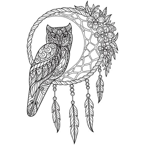 Owl And Dreamcatcher Hand Drawn For Adult Coloring Book 7660692 Vector