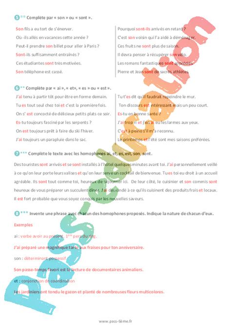 Homophones Grammaticaux Ai Et Es Est Son Sont Exercices D