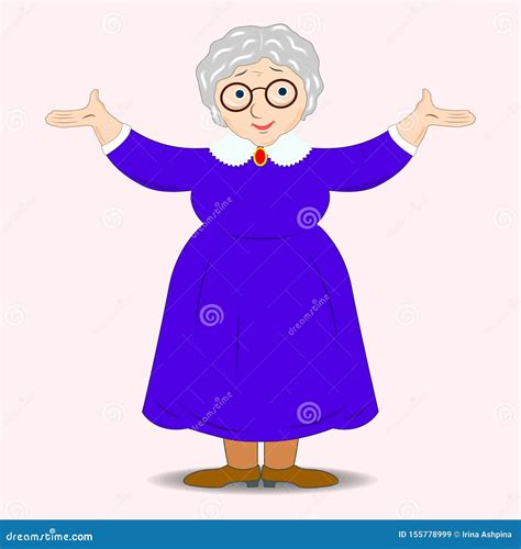 An Old Granny With Glasses A Cane In Her Hands And A Cute Cat Cartoon