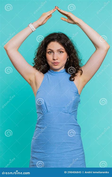Woman Feeling In Safe Making Roof Above Head With Hands Insurance Security Service Playing