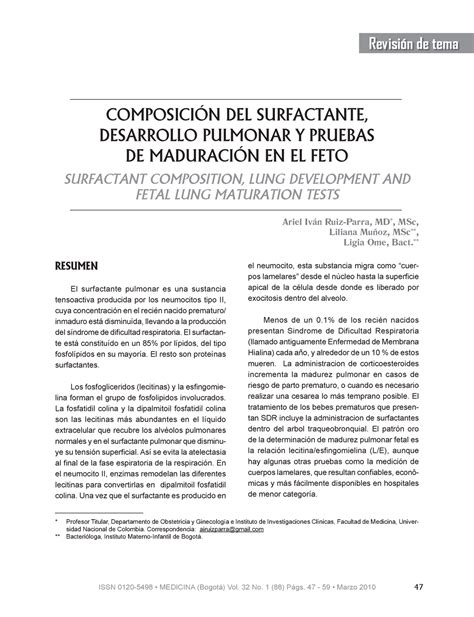 Composición del surfactante desarrollo pulmonar y pruebas de