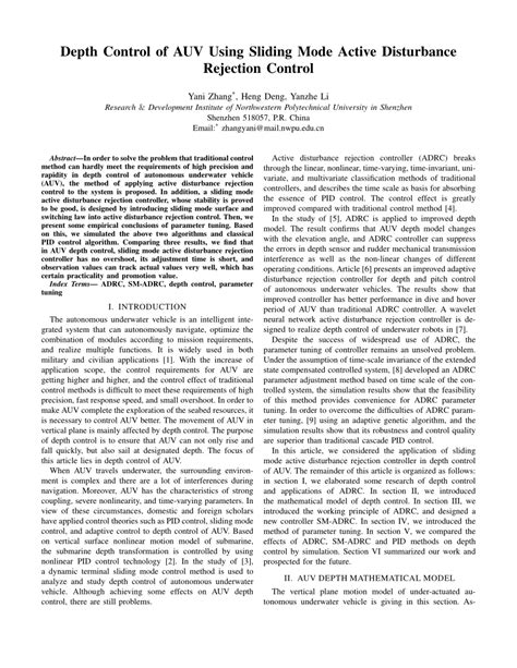 pdf depth control of auv using sliding mode active disturbance rejection control