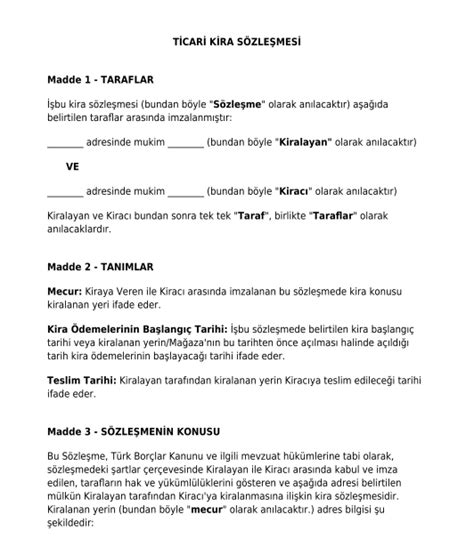 Ticari Kira S Zle Mesi Rnek Ablon Word Ve Pdf