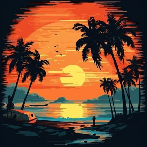 Premium AI Image Tropical Sunset With Palm Trees And Beach