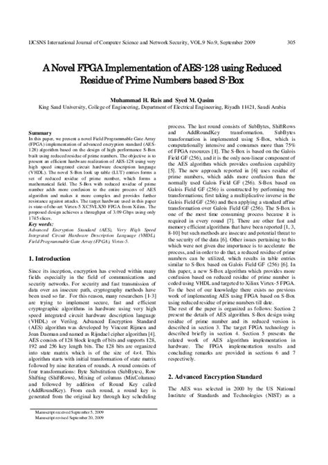 pdf a novel fpga implementation of aes128 using reduced residue of prime numbers based s box