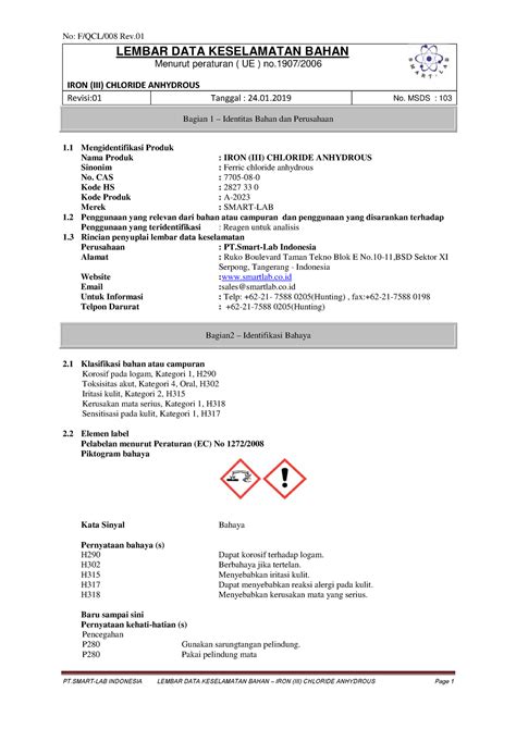 Msds Iron Iii Chloride Anhydrous Indo Lembar Data Keselamatan