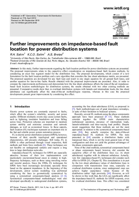 pdf further improvements on impedance based fault location for power distribution systems