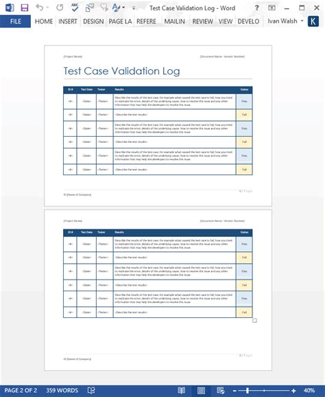 Test Case Validation Log Ms Word Software Testing Templates