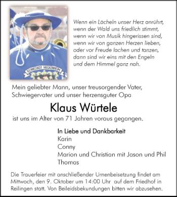 Traueranzeigen von Klaus Würtele Trauerportal Ihrer Tageszeitung