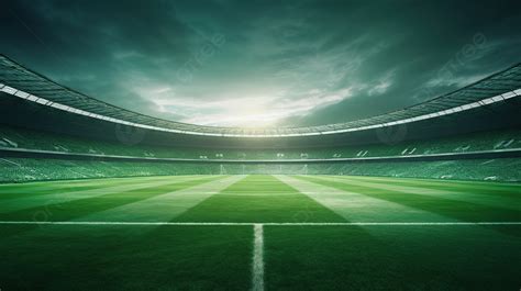 Green Field Inside Football Stadium In Silhouette Under Sky Background