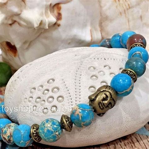 New Natural Sea Sediment Jasper Turquoise Blue Gemstone Bracelet Buddha