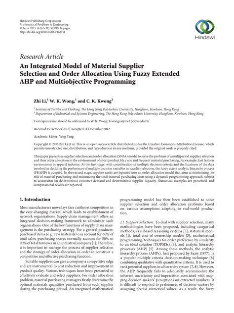pdf an integrated model of material supplier selection and order allocation using fuzzy