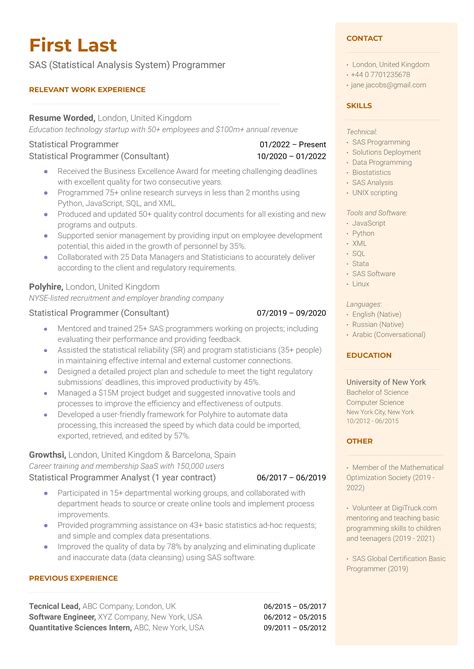 SAS Statistical Analysis System Programmer Resume Example For 2023