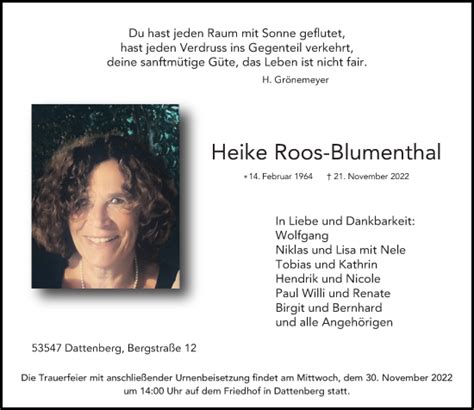 Traueranzeigen Von Heike Roos Blumenthal Rz Trauer De