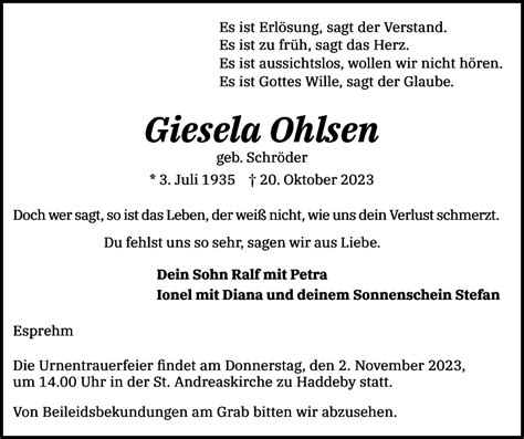 Giesela Ohlsen Traueranzeige Schleswiger Nachrichten