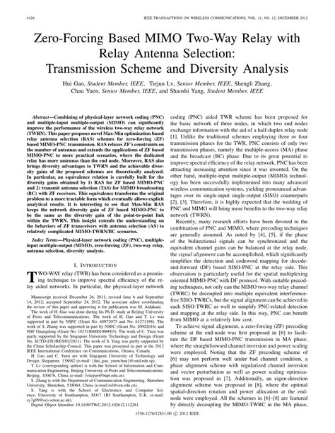 pdf zero forcing based mimo two way relay with relay antenna selection transmission scheme