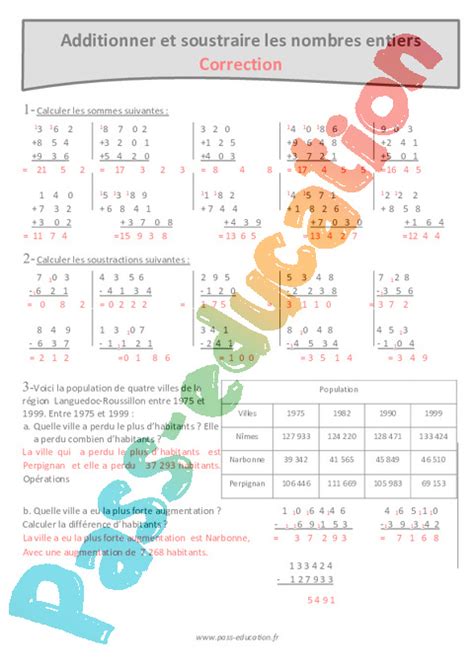 Additionner et soustraire les nombres entiers Cm2 Exercices PDF à