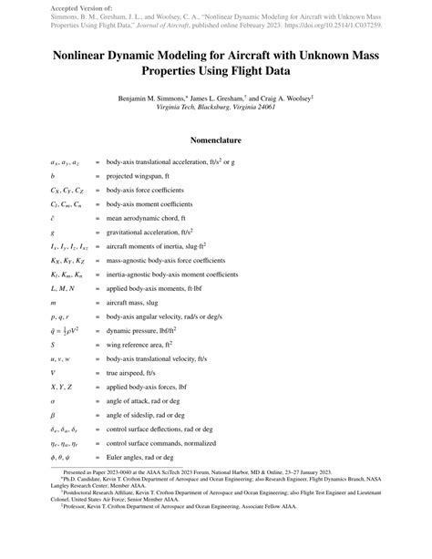 pdf nonlinear dynamic modeling for aircraft with unknown mass properties using flight data