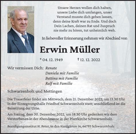 Traueranzeigen von Erwin Müller Saarbruecker Zeitung Trauer de