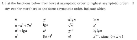 solved list the functions below from lowest asymptotic order