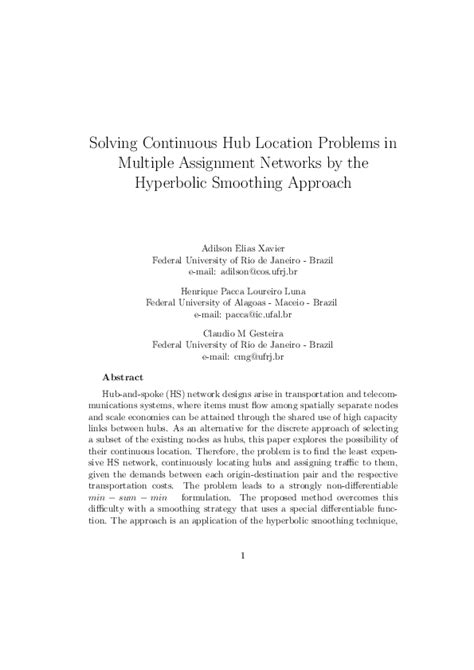 pdf solving continuous hub location problems in multiple assignment networks by the hyperbolic