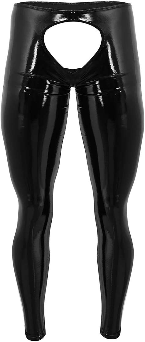 LiiYii Homme Long Pantalon En Cuir Verni Brillant Entrejambe Ouvert