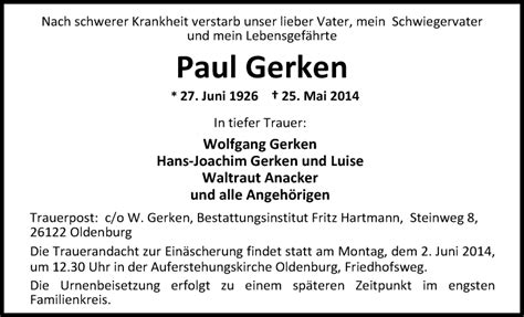 Traueranzeigen Von Paul Gerken Nordwest Trauer De