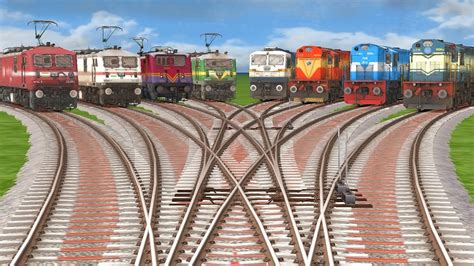 8 TRAINS CROSSING ON CRAZY CURVED BRANCHED RAILROAD TRACKS Train