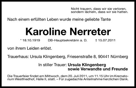 Traueranzeigen Von Karoline Nerreter Trauer Nn De
