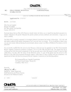 Fillable Online Wwwapp Epa Ohio RE FINAL PERMIT TO INSTALL CERTIFIED