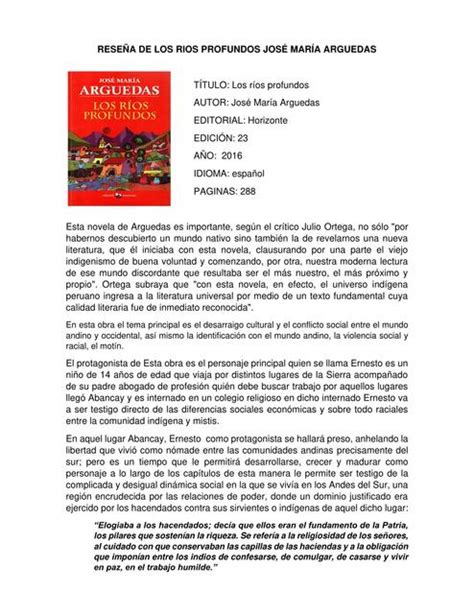 Reseña de los Ríos Profundos José María Arguedas Rubi Arroyo uDocz