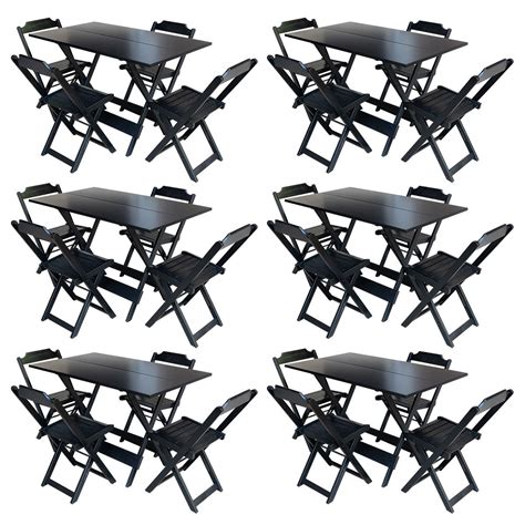 Kit 6 Jogos de Mesa 4 Cadeiras de Madeira Dobrável 120x70 para Bar