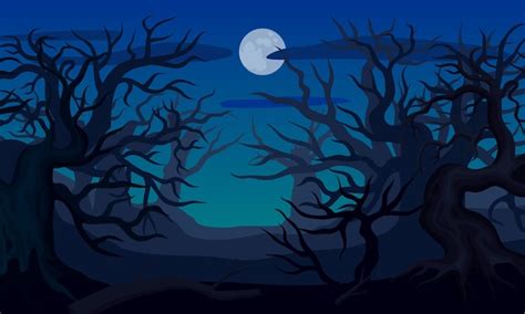 Fondo de paisaje nocturno espeluznante plano con árboles sin hojas y