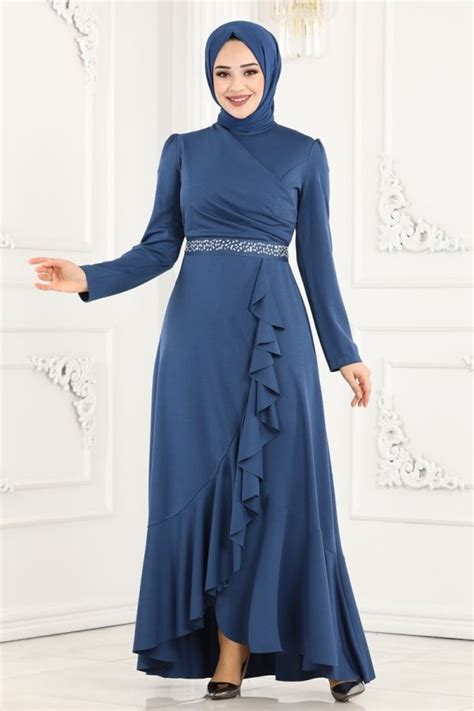 Eteği Volanlı Tesettür Abiye ASM2497 İndigo Moda Selvim