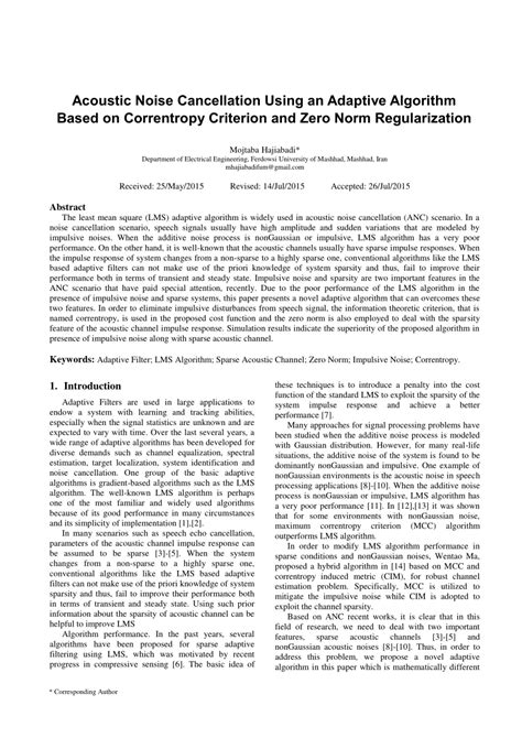 pdf acoustic noise cancellation using an adaptive algorithm based on correntropy criterion and