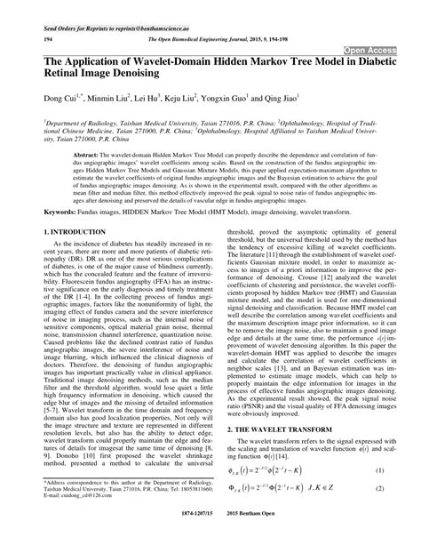 pdf the application of wavelet domain hidden markov tree model in diabetic retinal image denoising