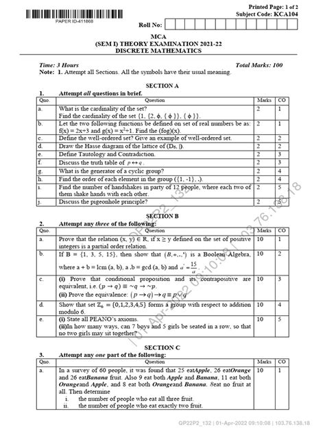 mca 1 sem discrete mathematics kca104 2022 pdf integer group mathematics