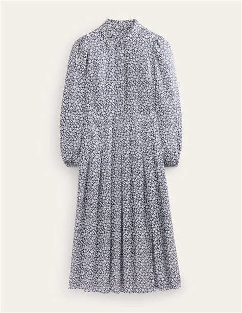 Pleated Skirt Midi Shirt Dress Navy Flower Stem Boden UK