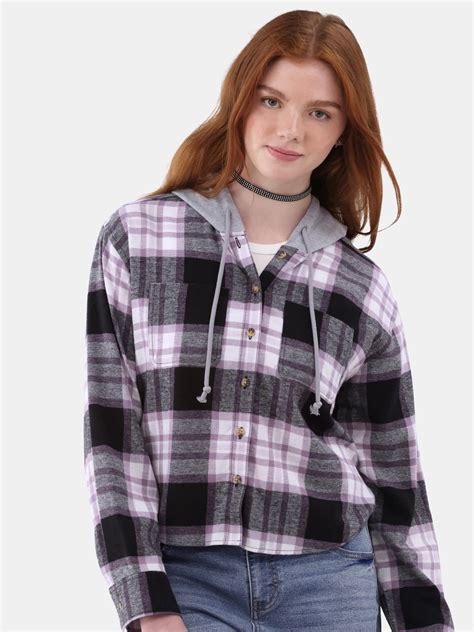No Boundaries Long Sleeve Cropped Plaid Shirt With Hood Womens And Womens Plus