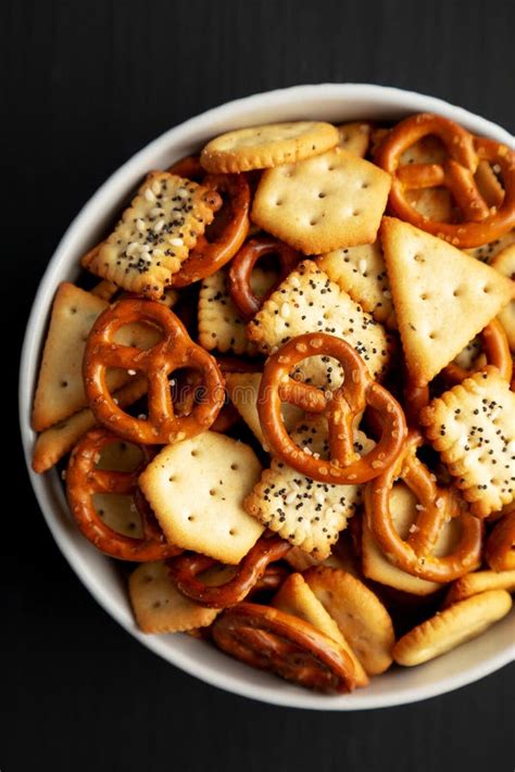 Homemade Cracker Snack Mix With Pretzels In A Bowl Top View Stock