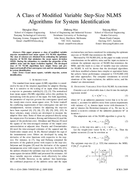 pdf a class of modified variable step size nlms algorithms for system identification zhihong