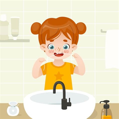 Adorable Petite Fille Utilisant Du Fil Dentaire Dans La Salle De Bain
