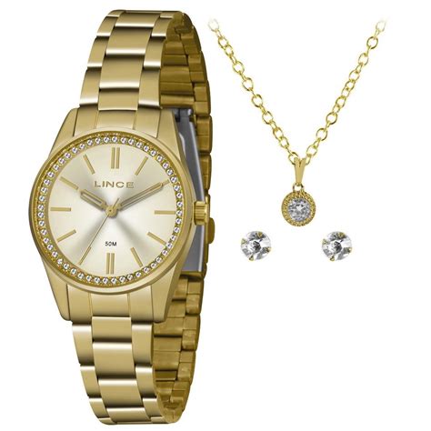 Kit Relógio Lince Feminino Dourado Pedras Folheado Ky60 Submarino