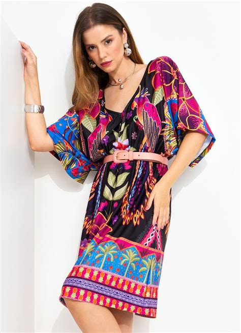 Vestido Floral Tropical Em Malha Fria Quintess