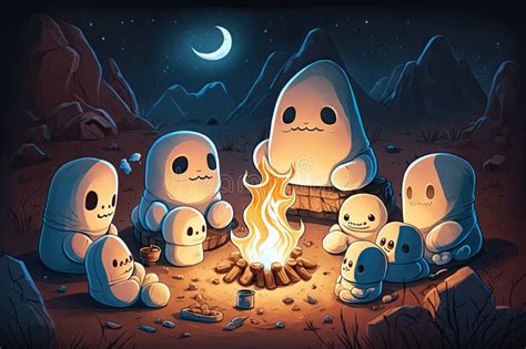 Glampers Sitting Around Campfire Roasting Marshmallows And Telling